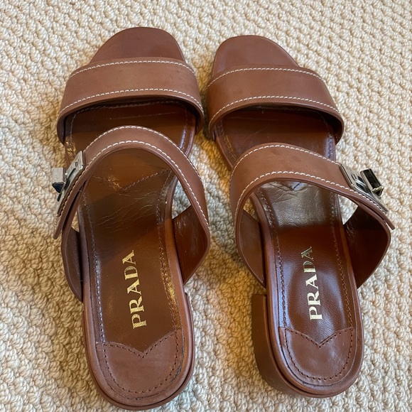 Prada | Shoes | Prada Turn Lock Slide Brandy Double Strap Slide Made In ...